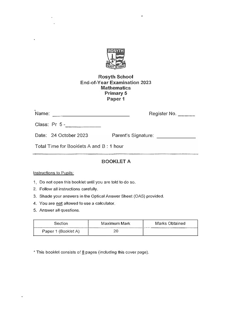 P5 Maths EOY 2023 Rosyth Exam Papers | PDF