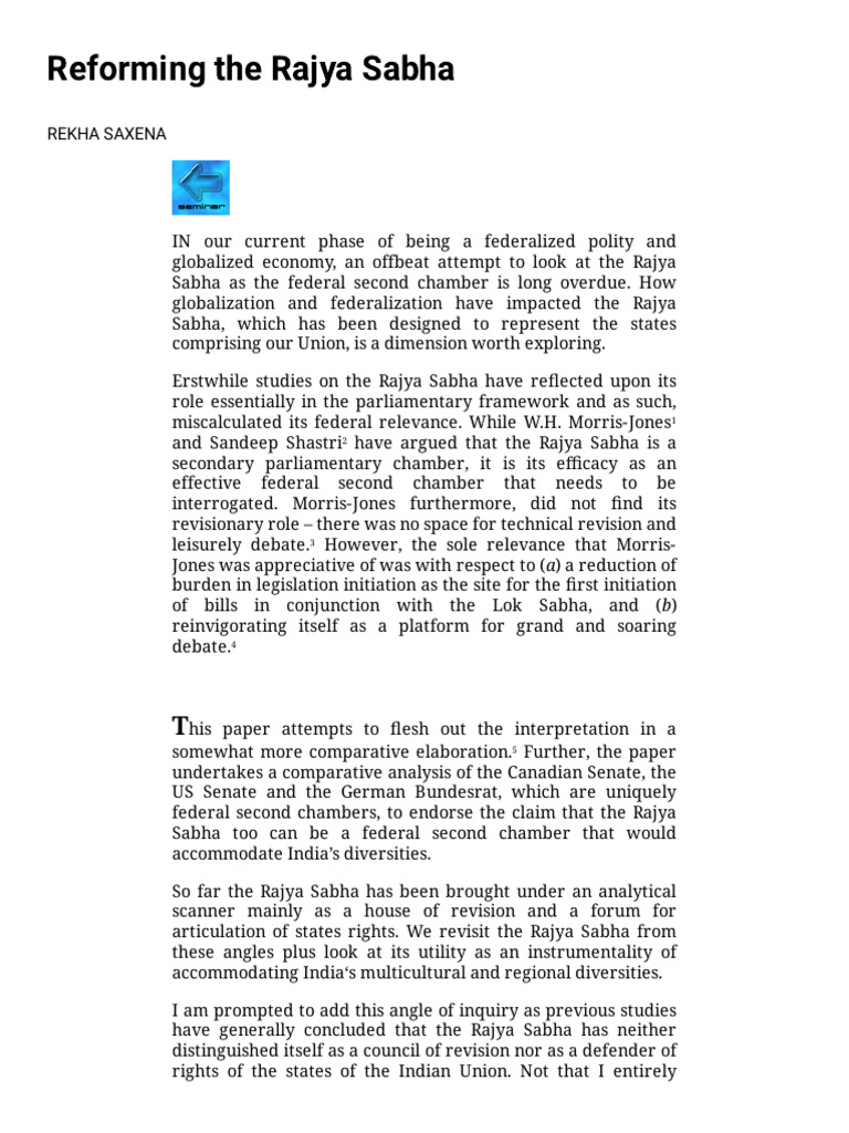 Rekha Saxena, Reforming The Rajya Sabha | PDF | Government Of India ...