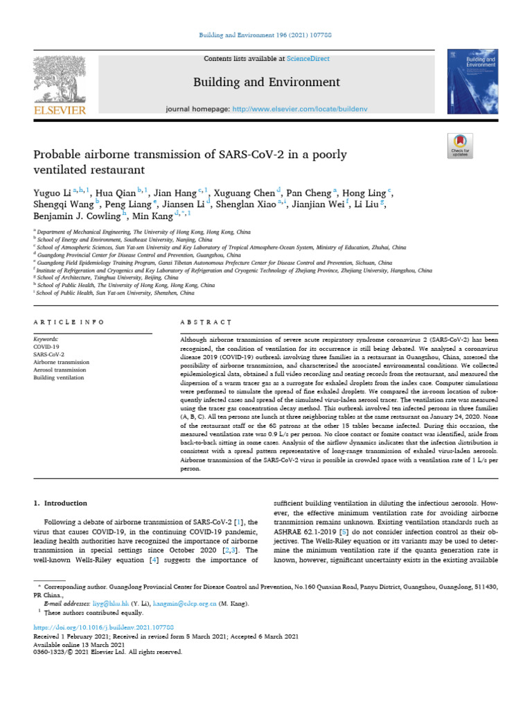 2021 - Yuguo Li - Probable Airborne Transmission of SARS-CoV-2 in A ...