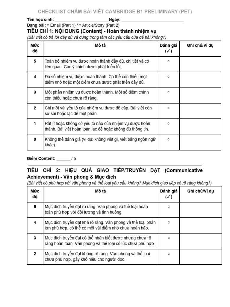Checklist Chấm Bài Viết Cambridge B1 Preliminary (Pet) | PDF
