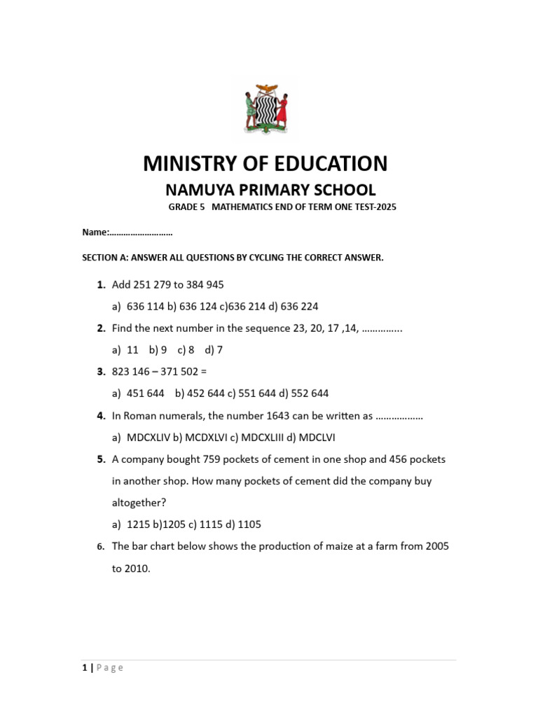 Grade 5 Mathematics Test 2025 | PDF