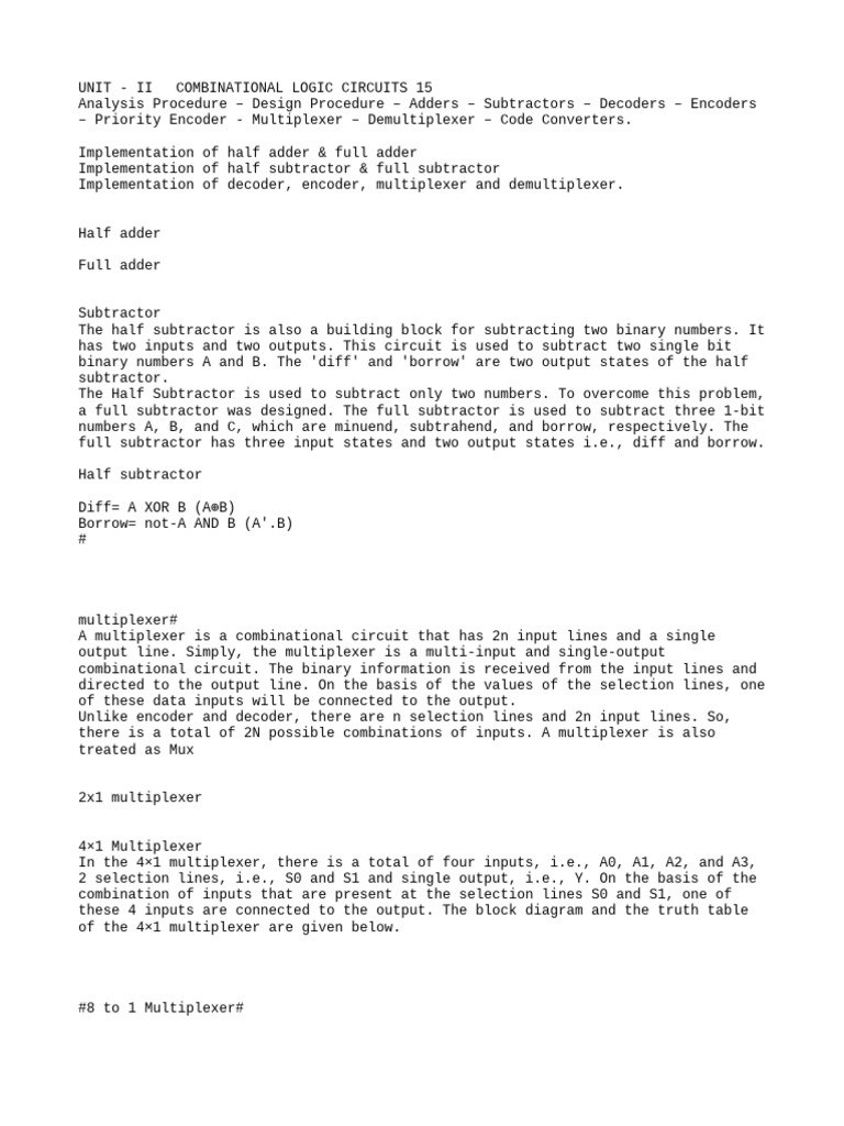 Unit2 - Combinational Circuits Part 1 | PDF | Subtraction | Computer Engineering