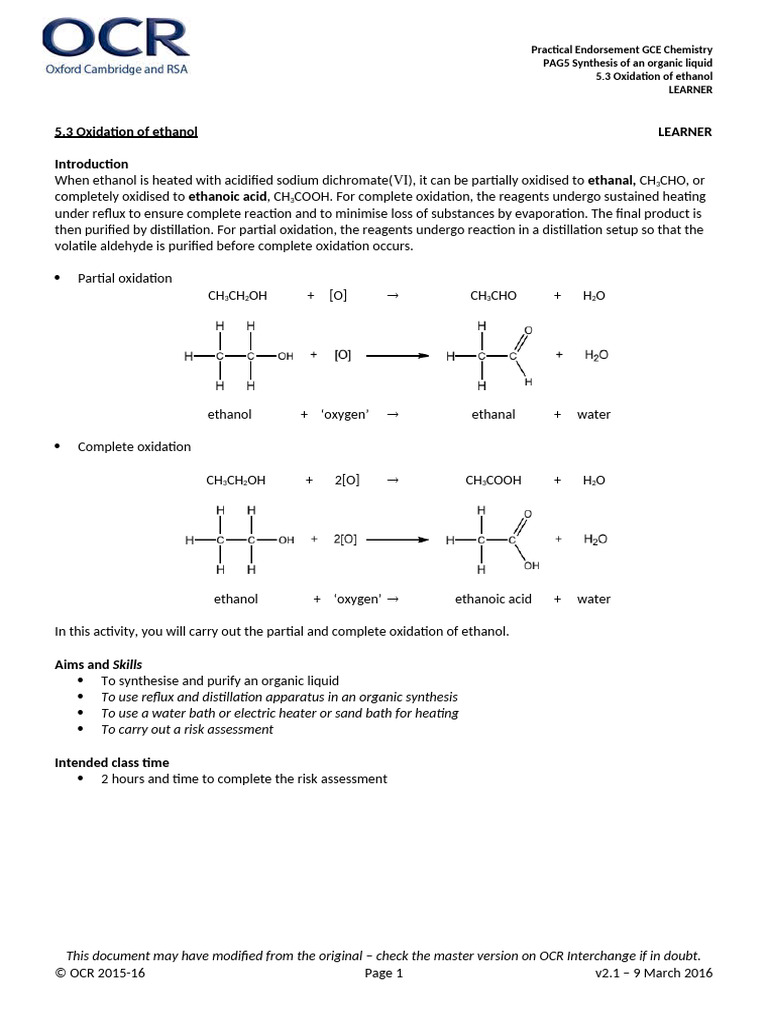 Chemistry Pag 5.3 Learner v2.1 Risk Assessment TBC | PDF | Distillation ...
