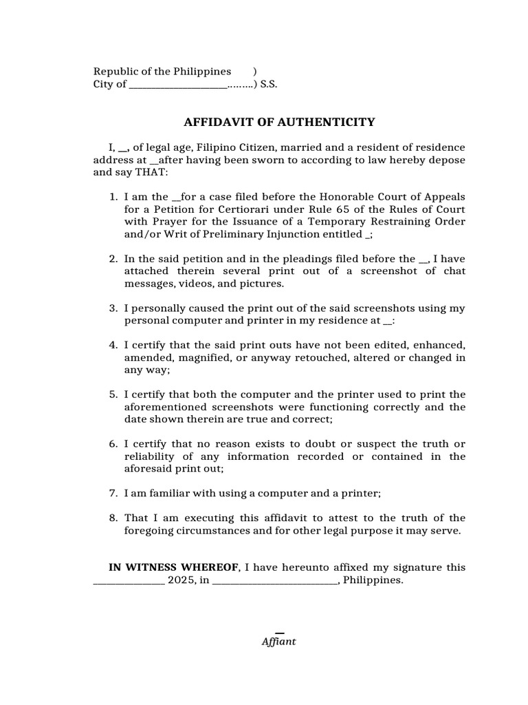Affidavit of Authenticity Template | PDF