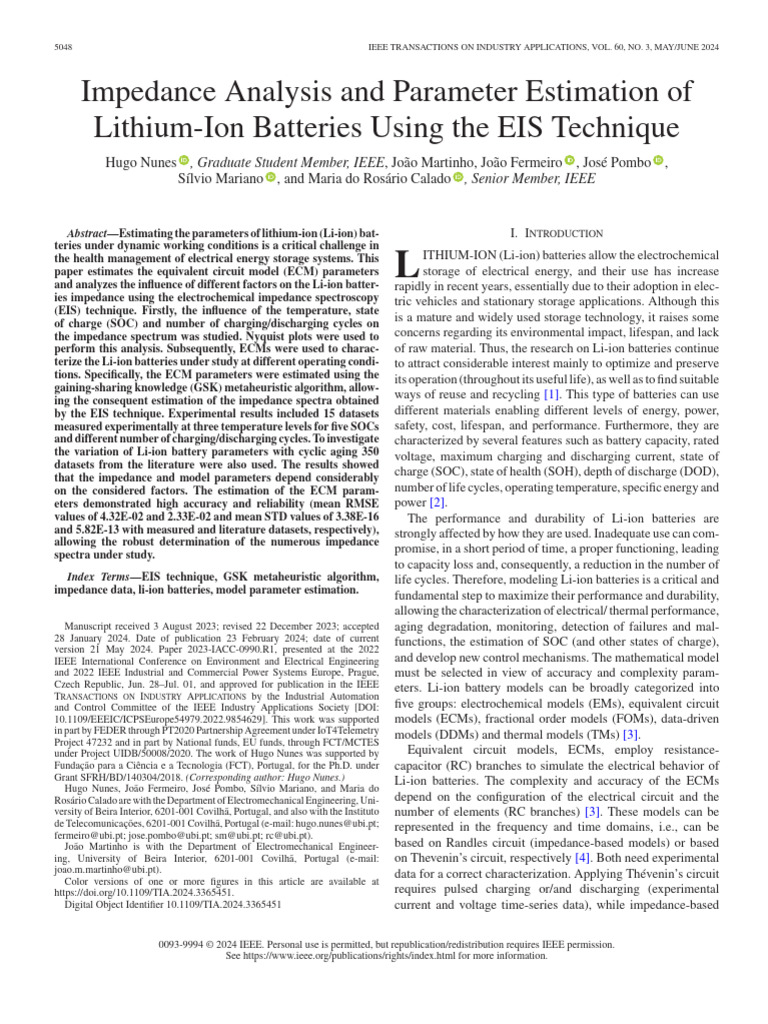 EIS-Based Parameter Estimation for Li-Ion Batteries | PDF | Electrical ...
