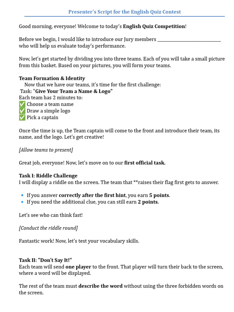 Quiz Presenter Script | PDF | Game Shows
