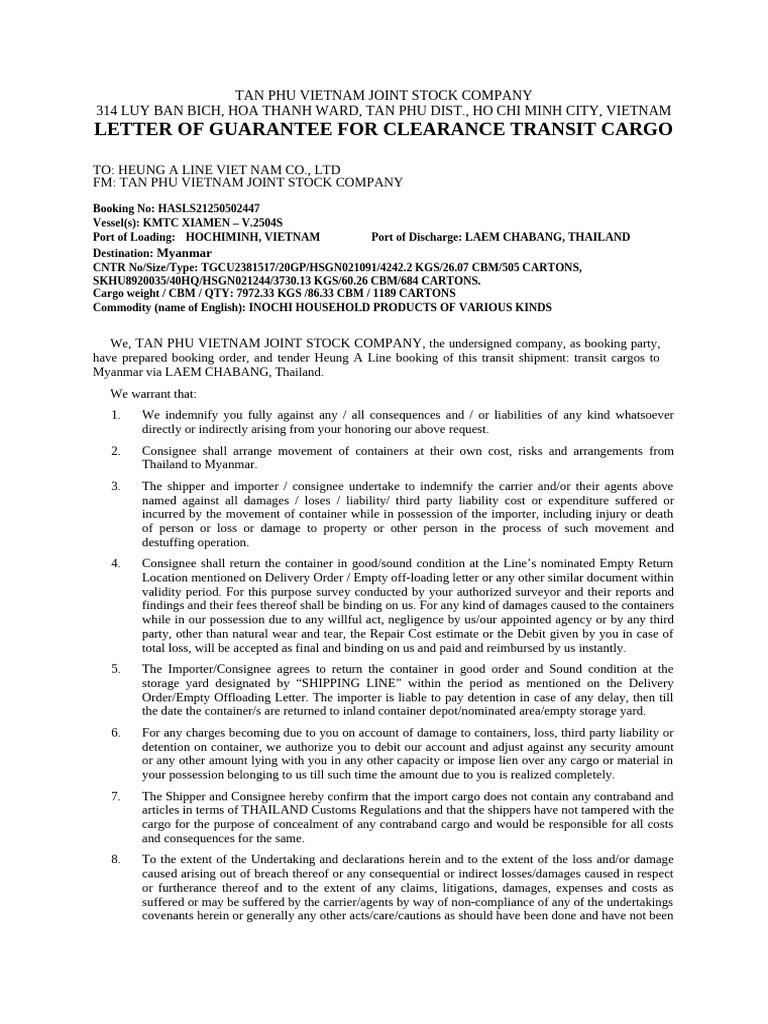 Loi - Ts Cargoes (Hal Fix) | PDF | Indemnity | Cargo