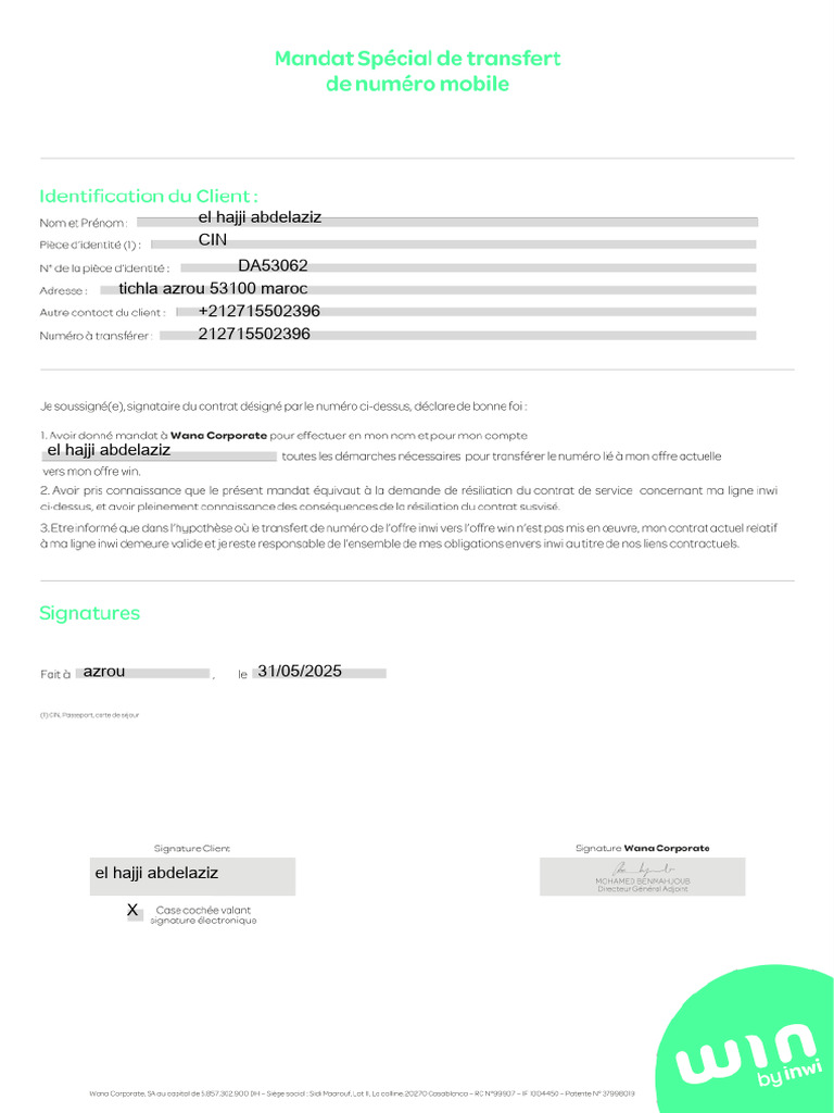 Mandat de Portabilité Alamiothmane20@ | PDF