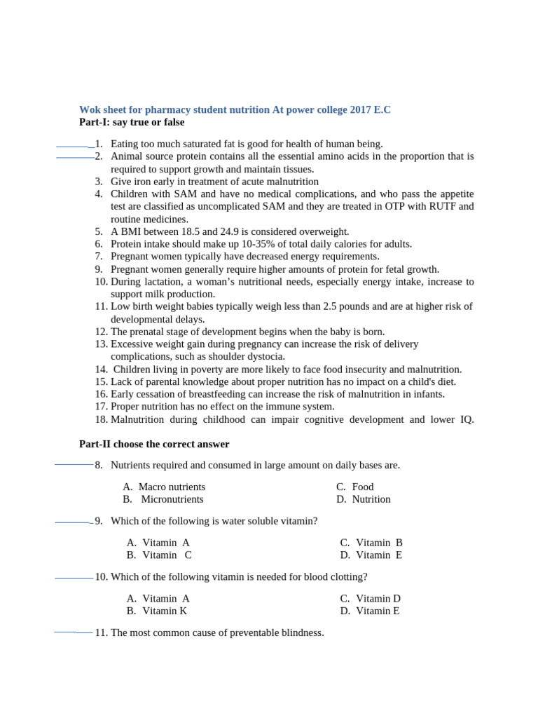 Work Sheet Nutrition | PDF | Vitamin | Malnutrition