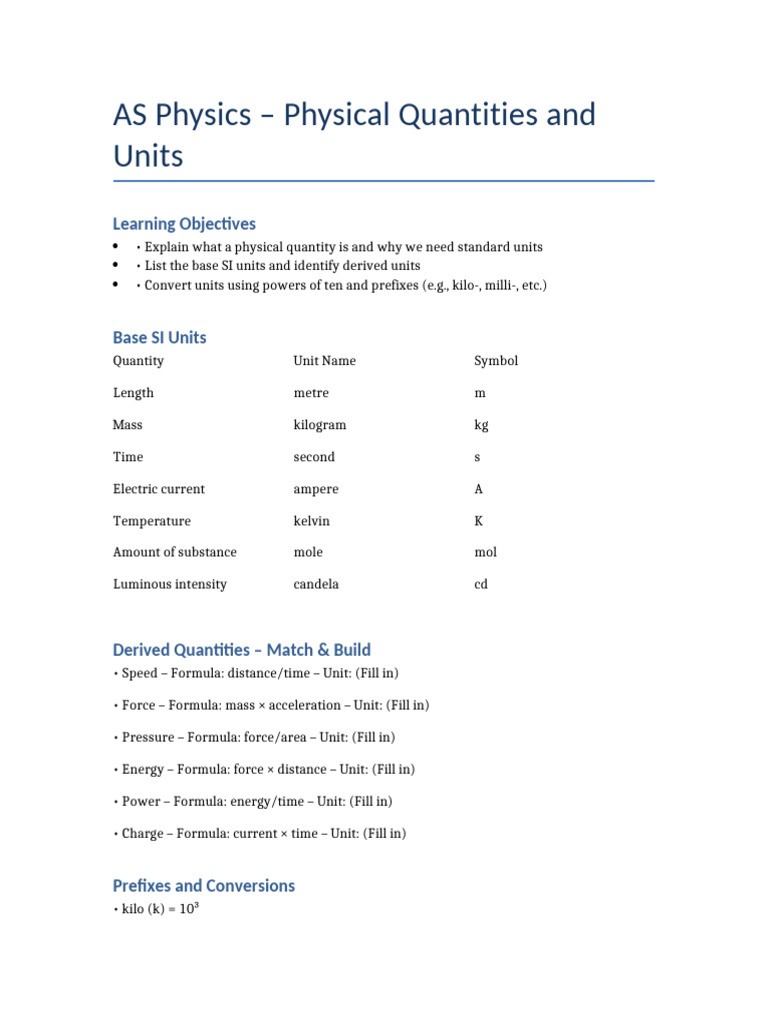 AS Physics Units Student Handout | PDF
