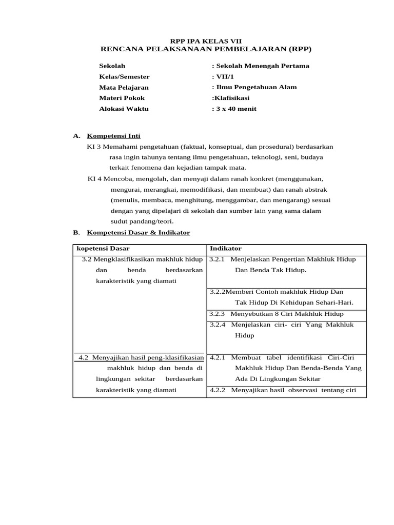 RPP Klasifikasi Benda | PDF