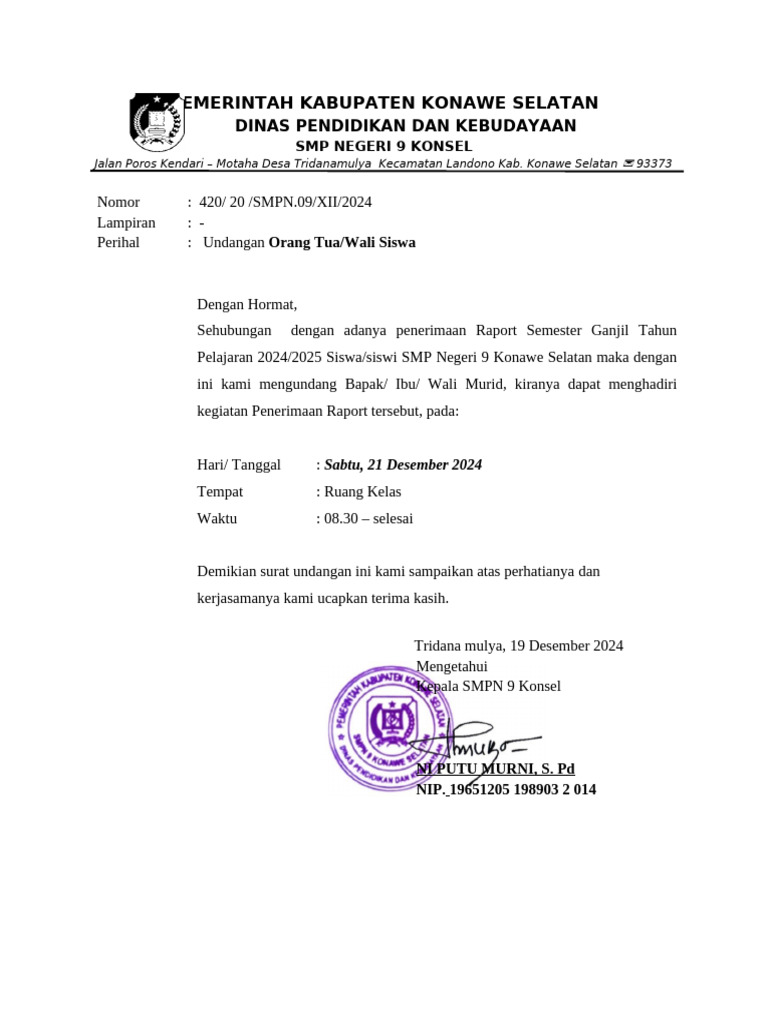 Undangan Penerimaan Raport | PDF