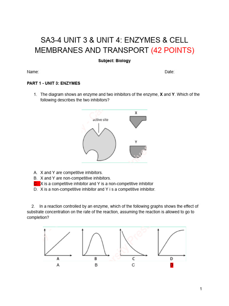 Enzymes and Cell Membranes Study Guide | PDF | Enzyme Inhibitor | Enzyme