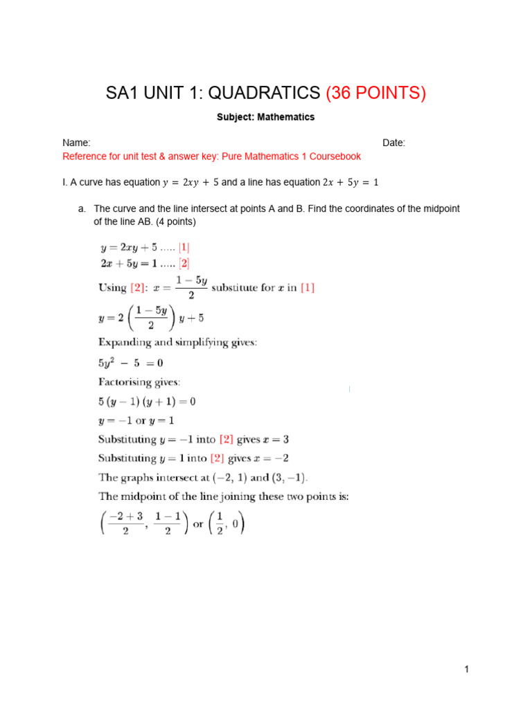 Quadratics Unit Test Guide | PDF | Equations | Applied Mathematics
