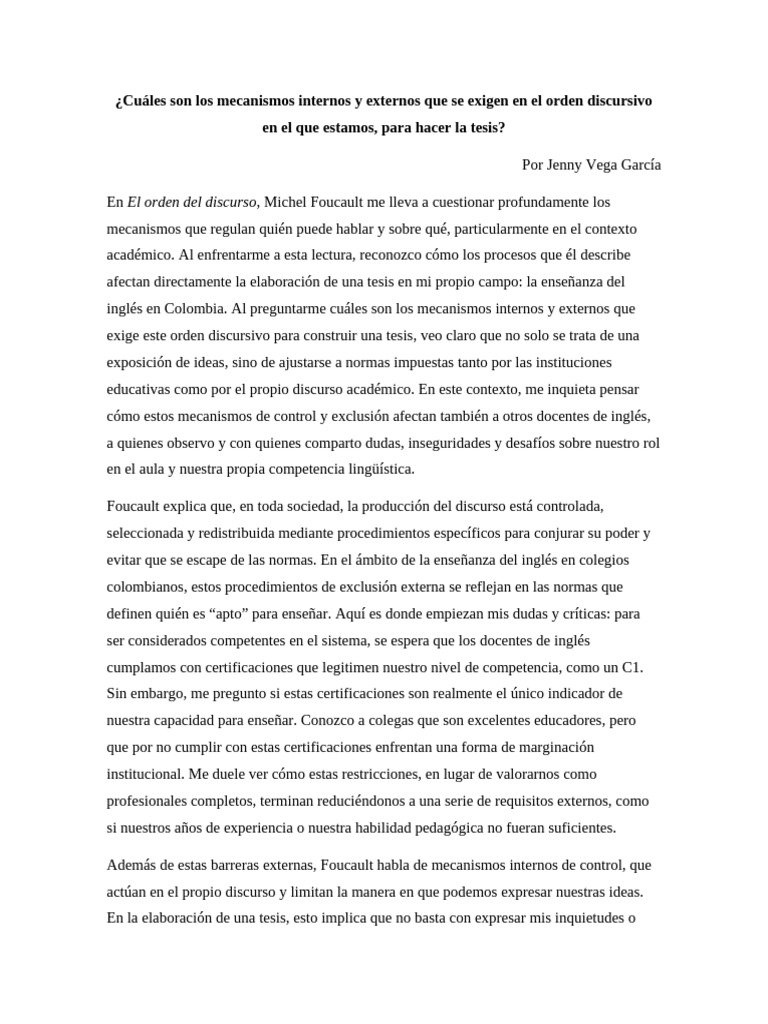 Ensayo Foucault - El Orden Del Discurso - Jenny Vega | PDF | Enseñando ...