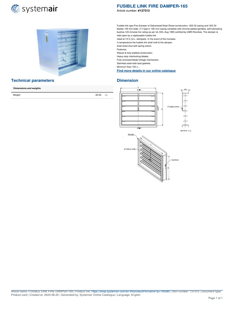 Fusible Link Fire Damper 165 Specifications | PDF | Mechanical ...