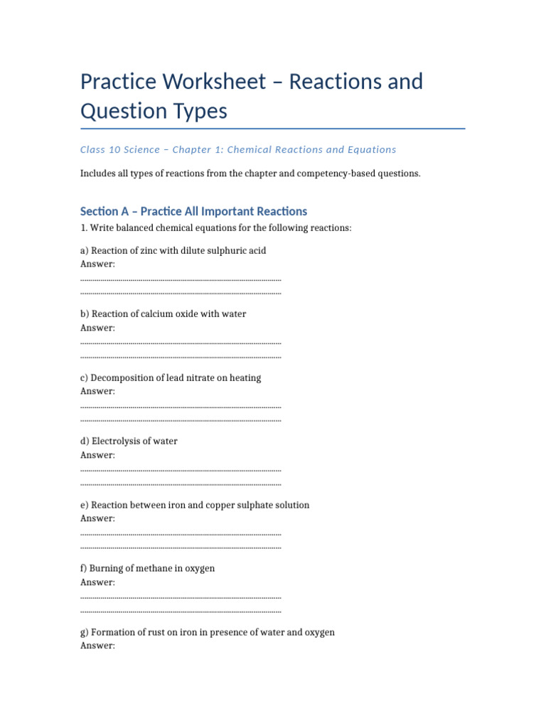 Chemical Reactions Question Practice | PDF | Chemical Reactions | Iron