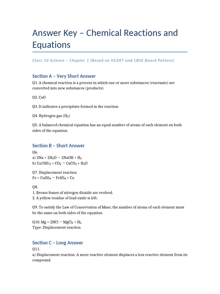 Class 10 Chemical Reactions Answer Key | PDF