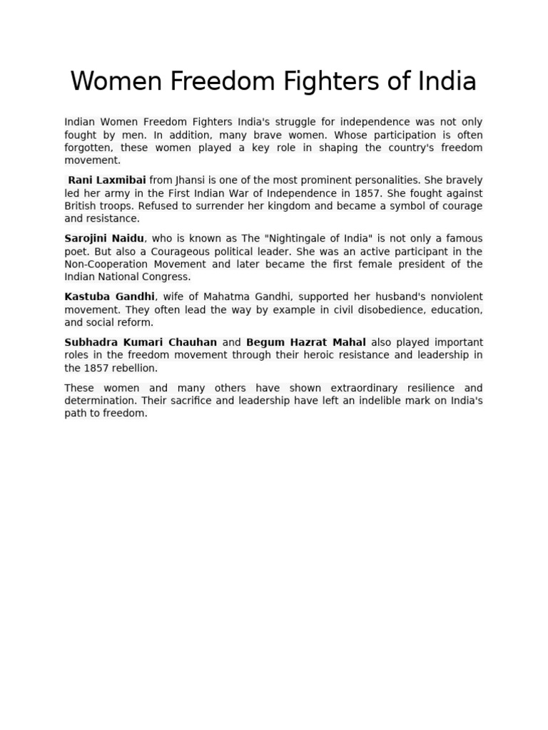 Women Freedom Fighters of India | PDF