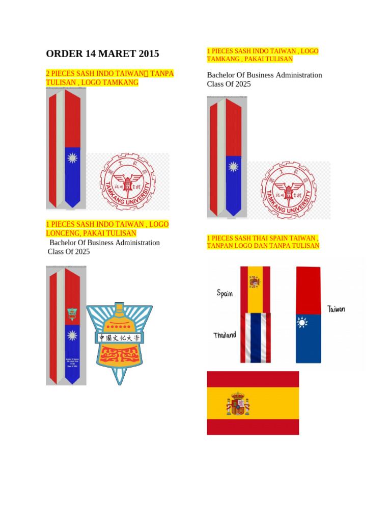 Sashes Order for Class of 2025 | PDF