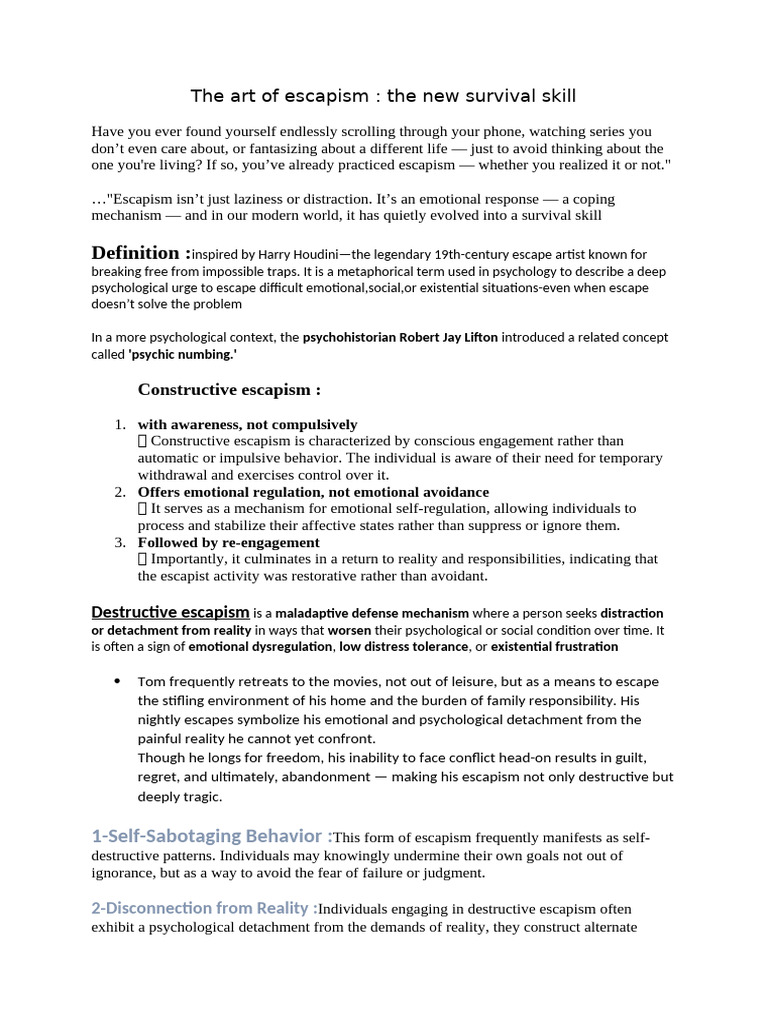Oral The Art of Escapism | PDF | Social Psychology | Psychological Concepts