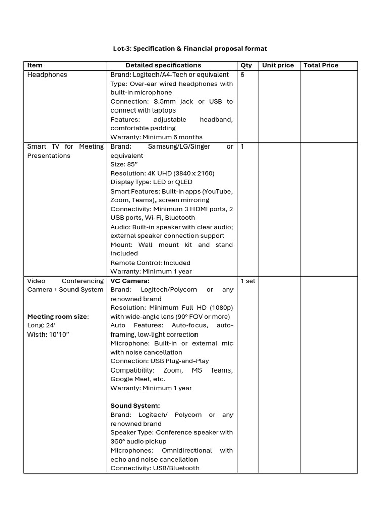 Specification & Proposal Format for AV Equipment | PDF | Microphone ...