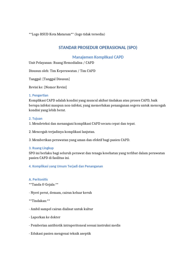SPO Manajemen Komplikasi CAPD RSUD Mataram | PDF