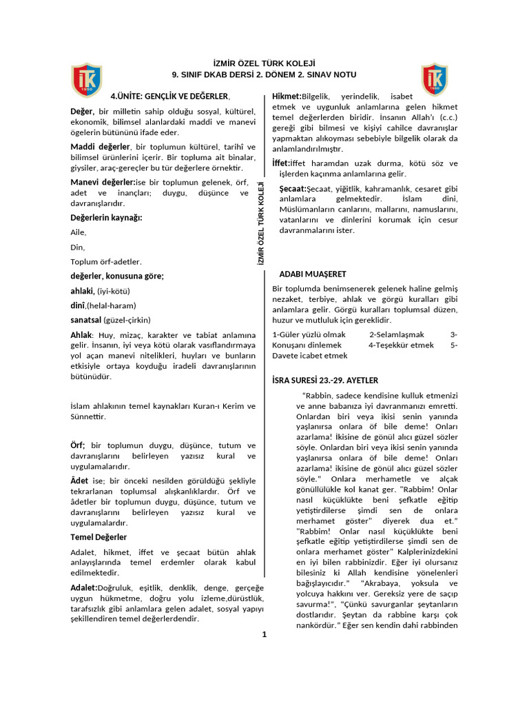 Dikab 9. Sinif 2. Donem 2. Sinav Notu | PDF