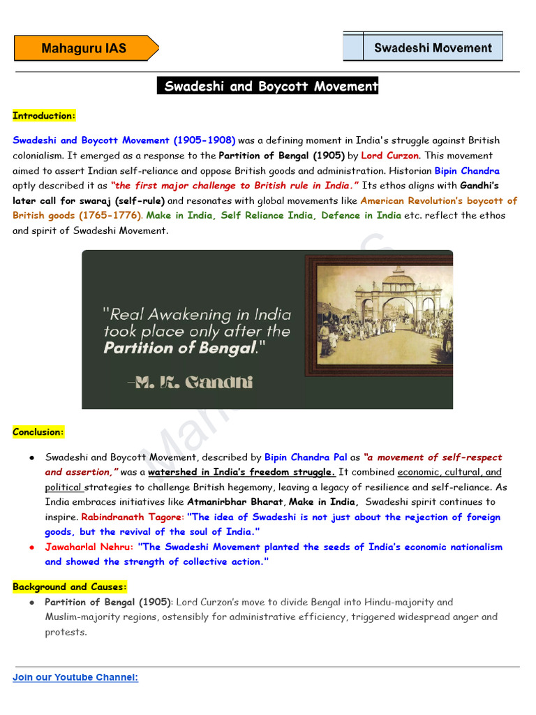 Swadeshi Movement-Mahaguru IAS | PDF | British Raj | Indian ...