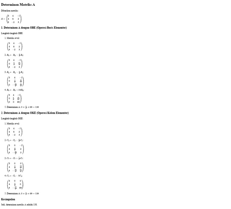 Determinan Matriks A: Metode OBE dan OKE | PDF