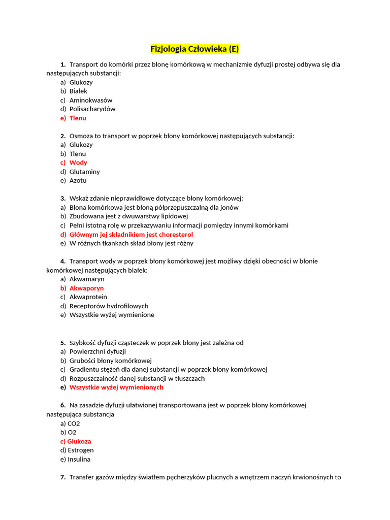 EGZAMIN Fizjologia CzÅ Owieka 2 | PDF