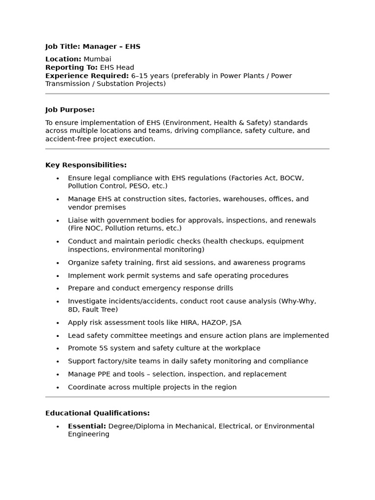 Manager - EHS - Job Description | PDF