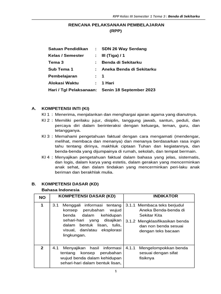 RPP K3 Tema 3 ST 1 Rev. 2018 | PDF