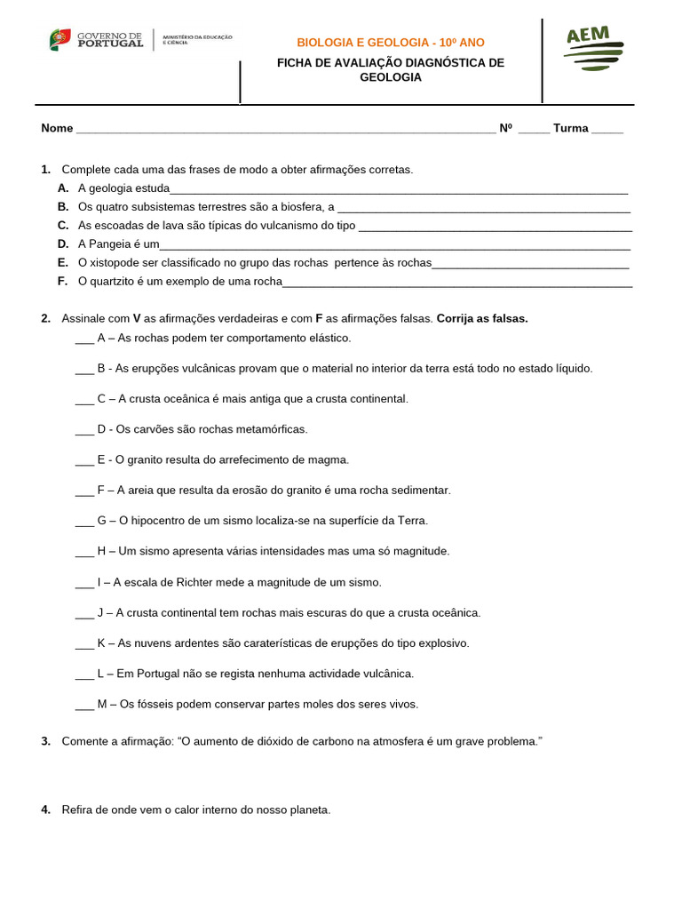 Ficha Diagnóstica Geologia 10º 2024-25 | PDF