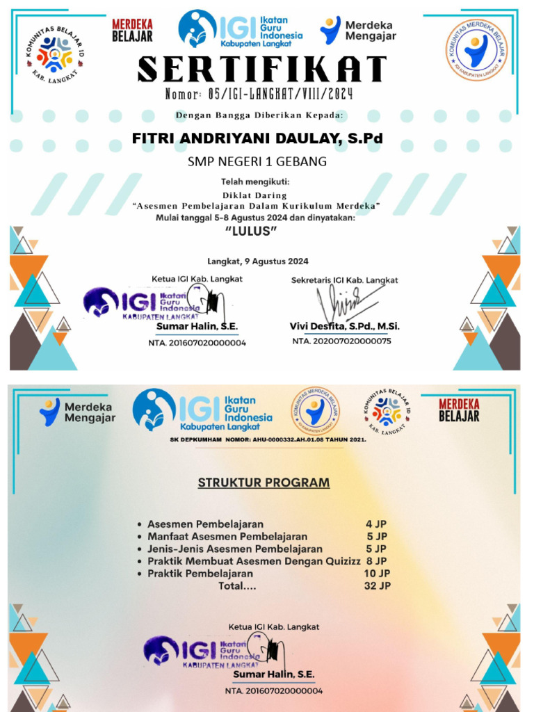 Sertifikat - Fitri Andriyani Daulay, S.PD | PDF