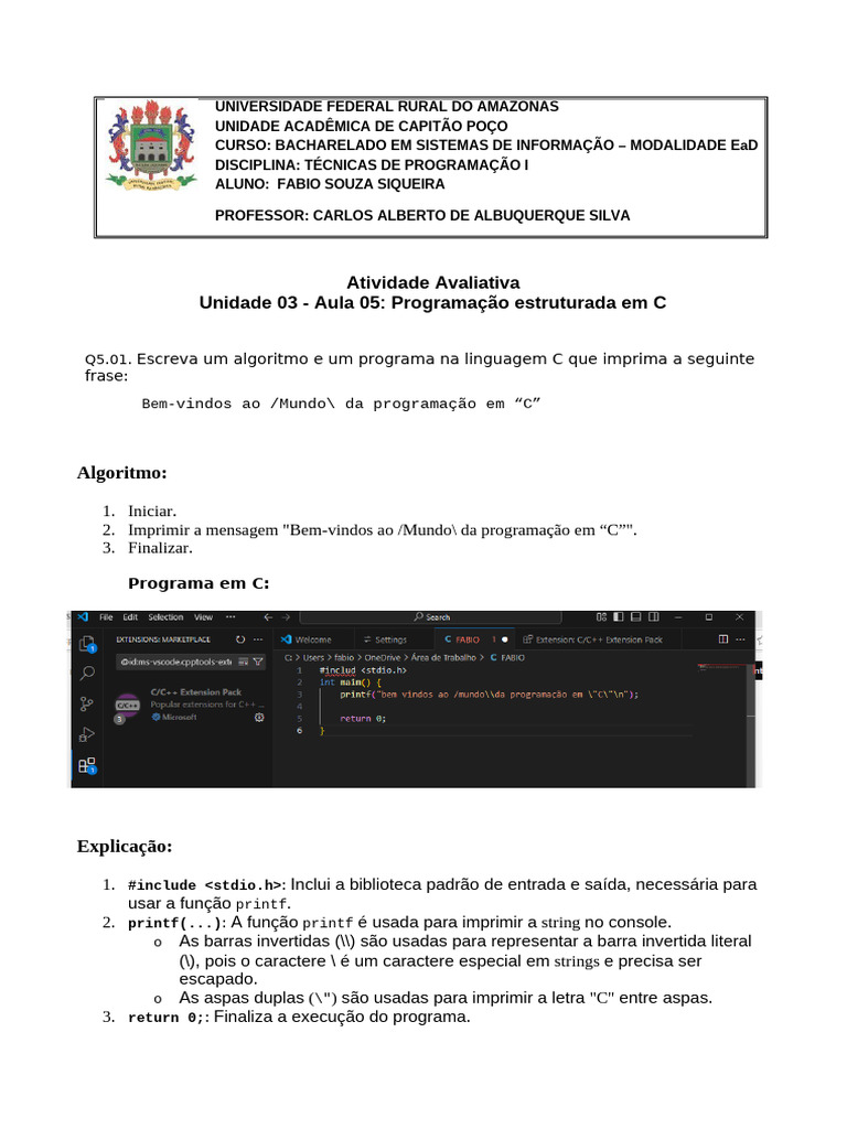 Atividade Avaliativa Aula05 Programacao Estruturada em C | PDF ...