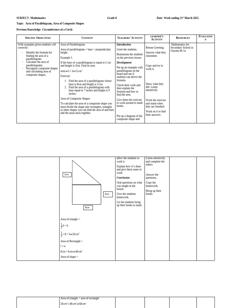 Week 11 Lesson Plan Grade 8 | PDF | Area | Elementary Mathematics