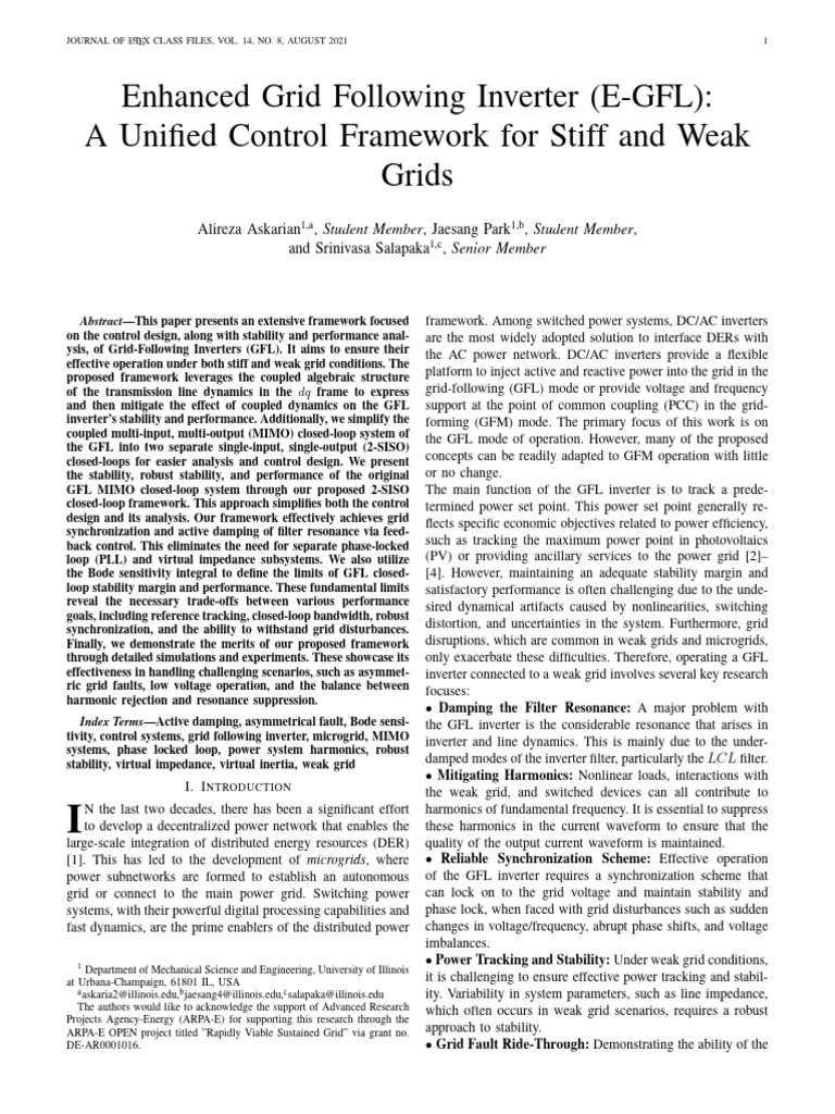 Enhanced Grid Following Inverter (E-GFL) : A Unified Control Framework For Stiff and Weak Grids ...