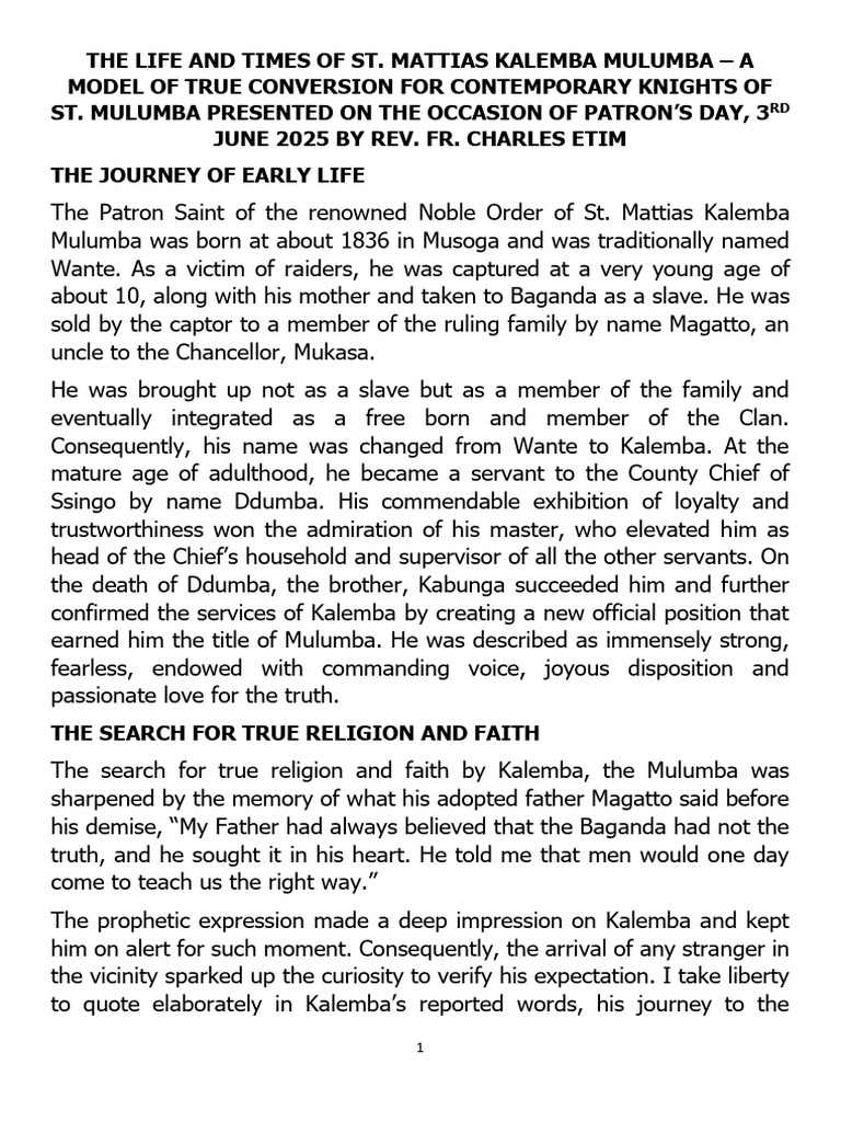 Life and Martyrdom of St. Mattias Mulumba | PDF | Laity | Catholic Church