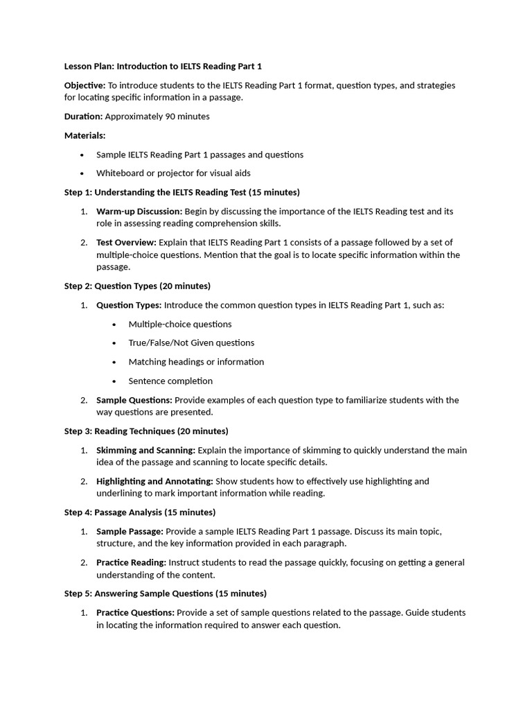 Lesson Plan Intro IELTS Reading 1 | PDF | Speed Reading | Reading ...