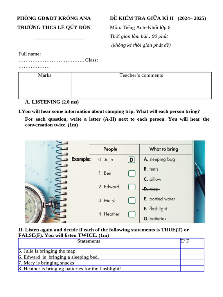 English Midterm Exam for Grade 6 | PDF