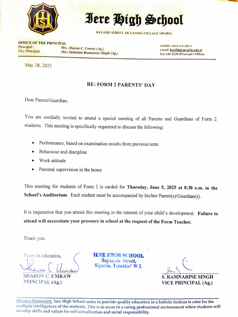 Iere High School Form 2 Parents' Day | PDF
