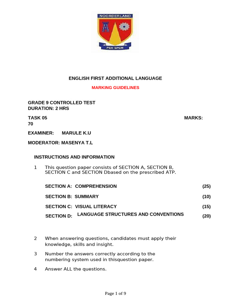 Grade 9 English Test Guidelines | PDF | Reading Comprehension | Linguistics