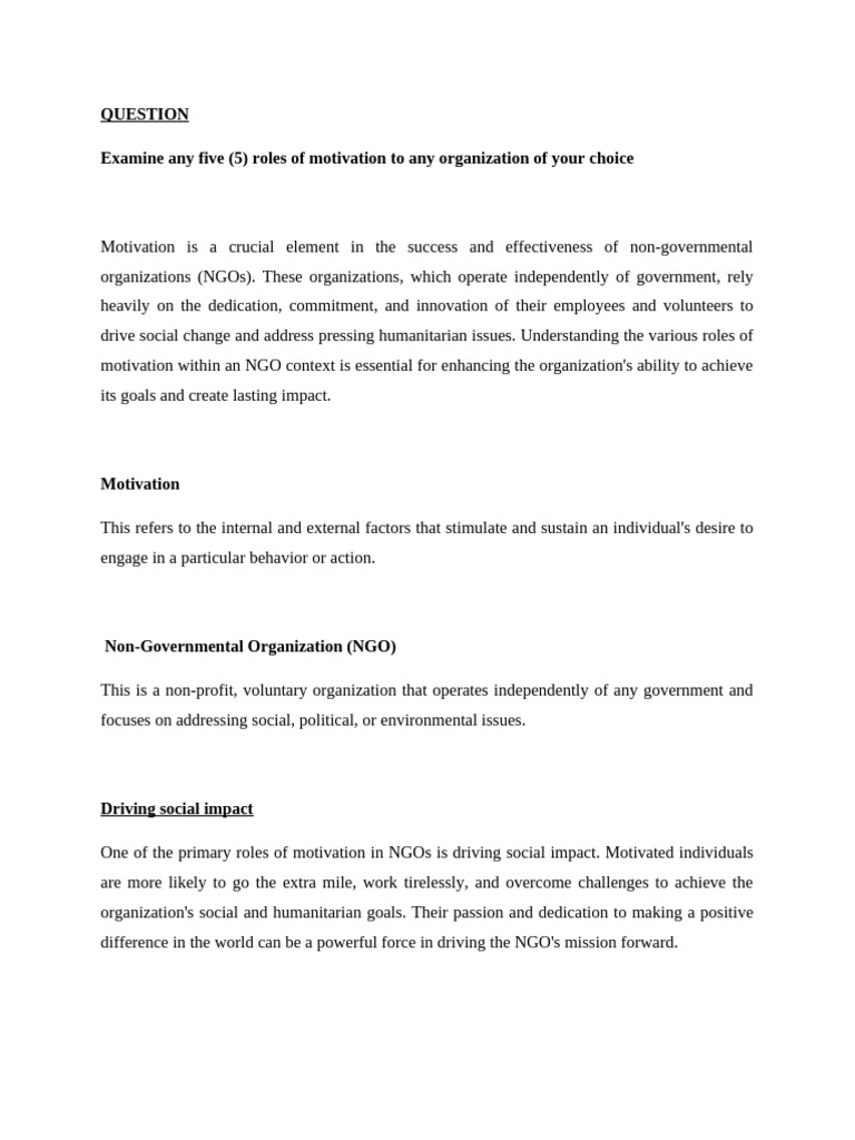 EsD Assignment 2 (Roles of Motivation) Dylan | PDF | Non Governmental Organization | Motivation