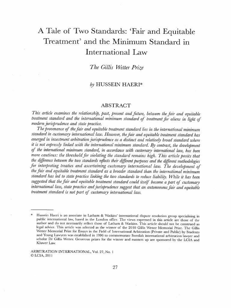 A Tale of Two Standards - 'Fair and Equitable Treatment' and The ...