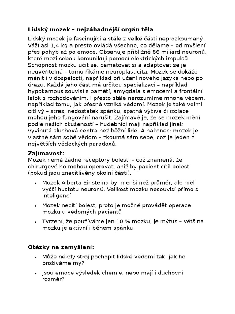 Lidský Mozek - Úvod | PDF