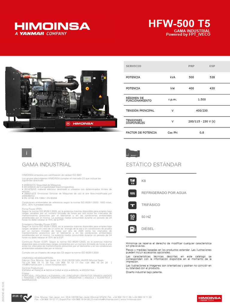 Generator Set Data Sheet HFW 500 t5 Open Skid k8 Spanish | PDF ...