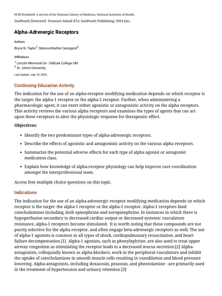 Alpha-Adrenergic Receptors - StatPearls - NCBI Bookshelf | PDF | Blood ...