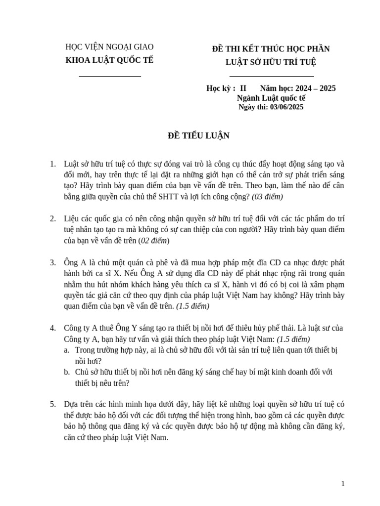 Đề Thi Cuối Kỳ Luật Sở Hữu Trí Tuệ HKII 24-25 | PDF