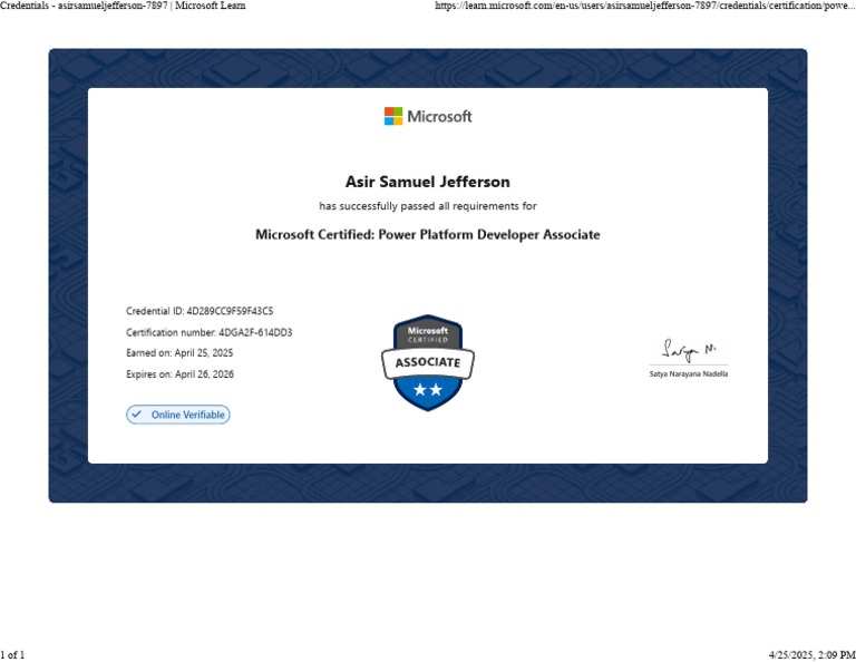 Credentials - Asirsamueljefferson-7897 - Microsoft Learn-Power Platform Developer Associate | PDF